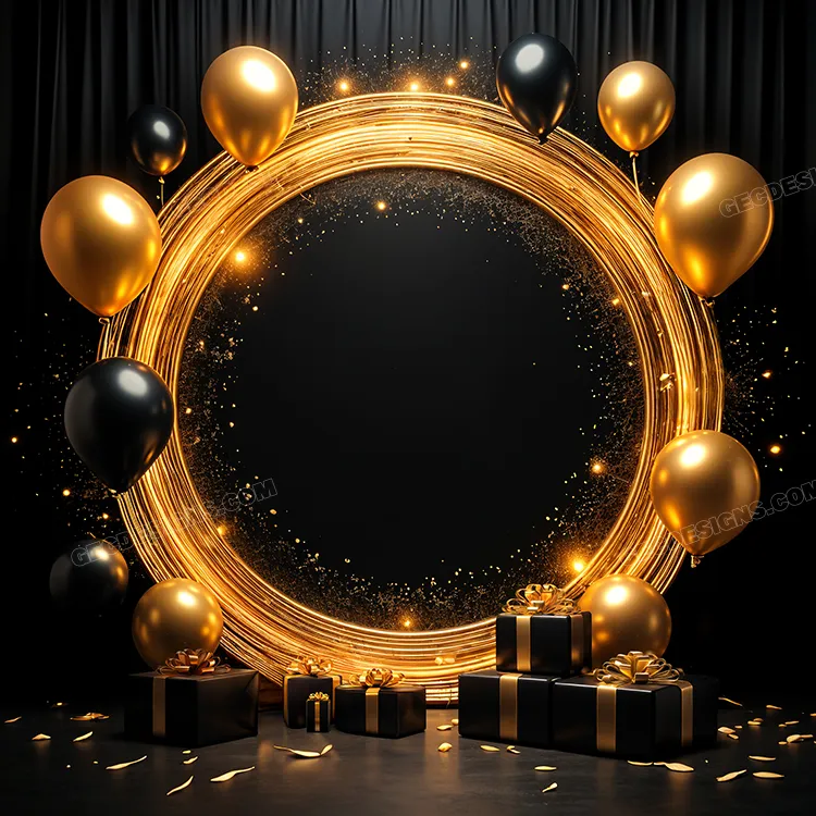 Golden circle background with Balloons and gifts wallpaper - GEC Designs