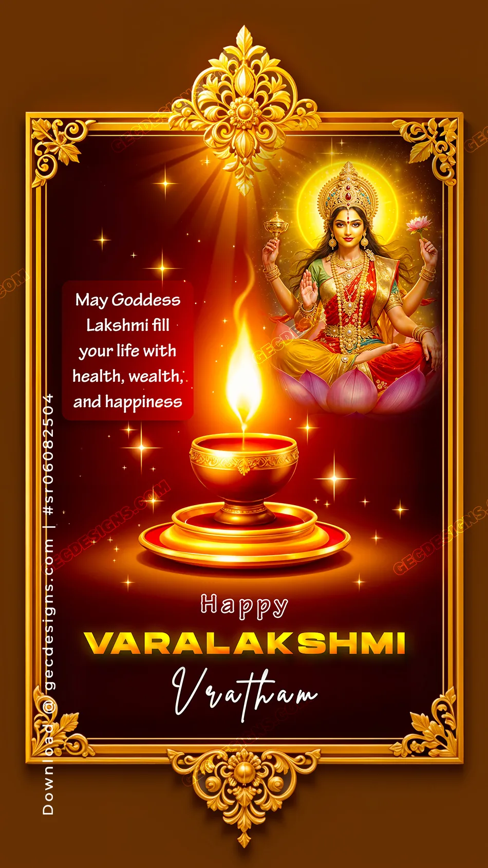 Golden Varalakshmi Vratham Wishes, with Glowing Diya and Lakshmi Devi ...