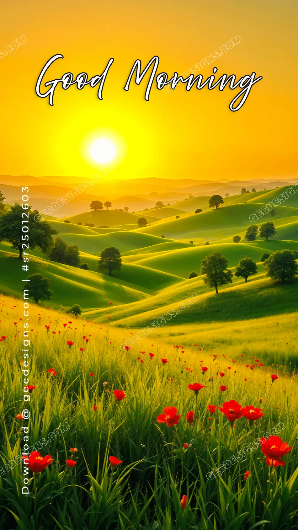 Good Morning Image with Golden Sunrise Over Green Hills and Peaceful ...