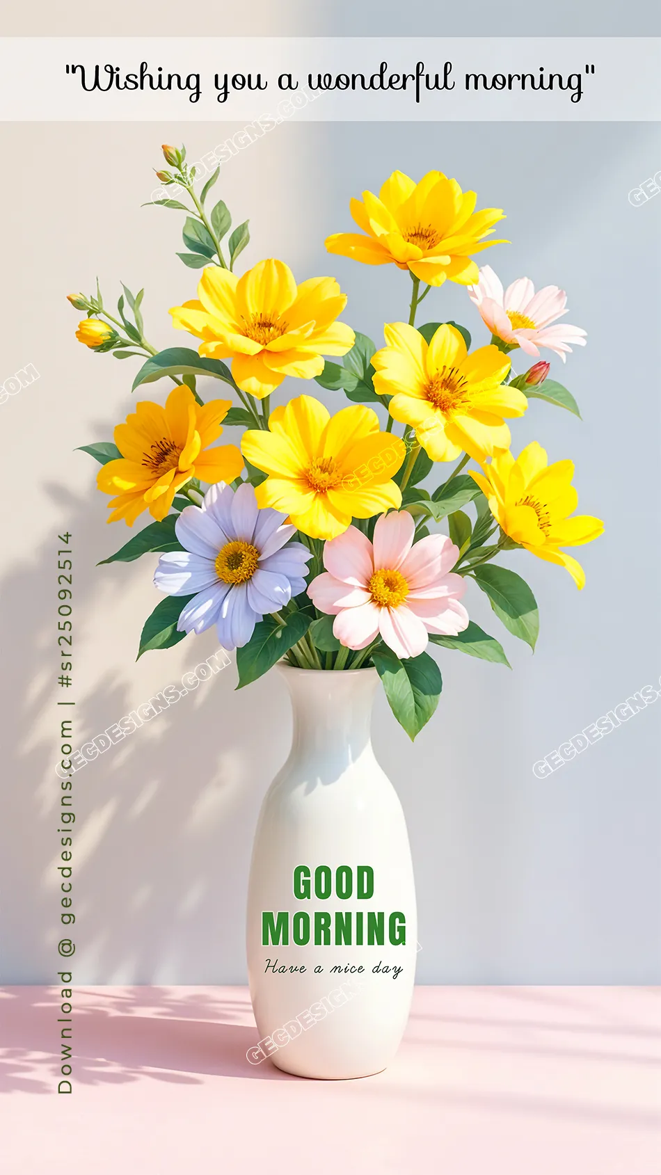 Good Morning Image with Vibrant Yellow and Pastel Flowers in Vase, and ...