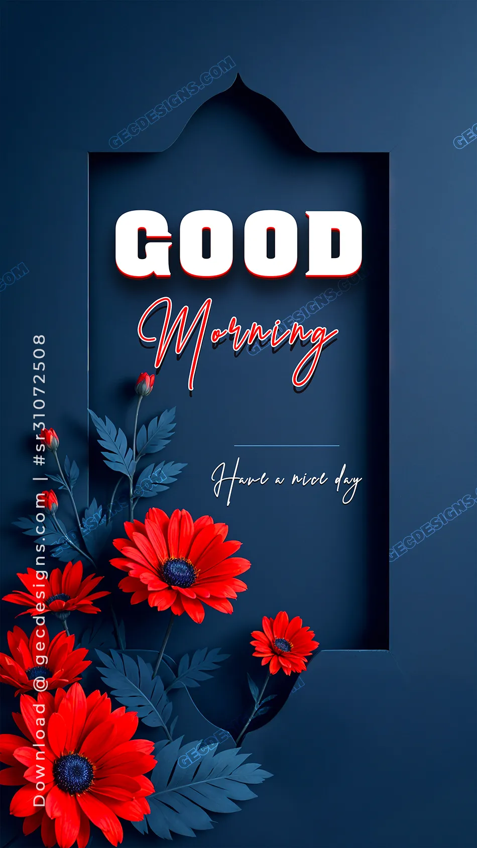 Good Morning Wishes Image with Red Flowers and Elegant Cutout Design on ...