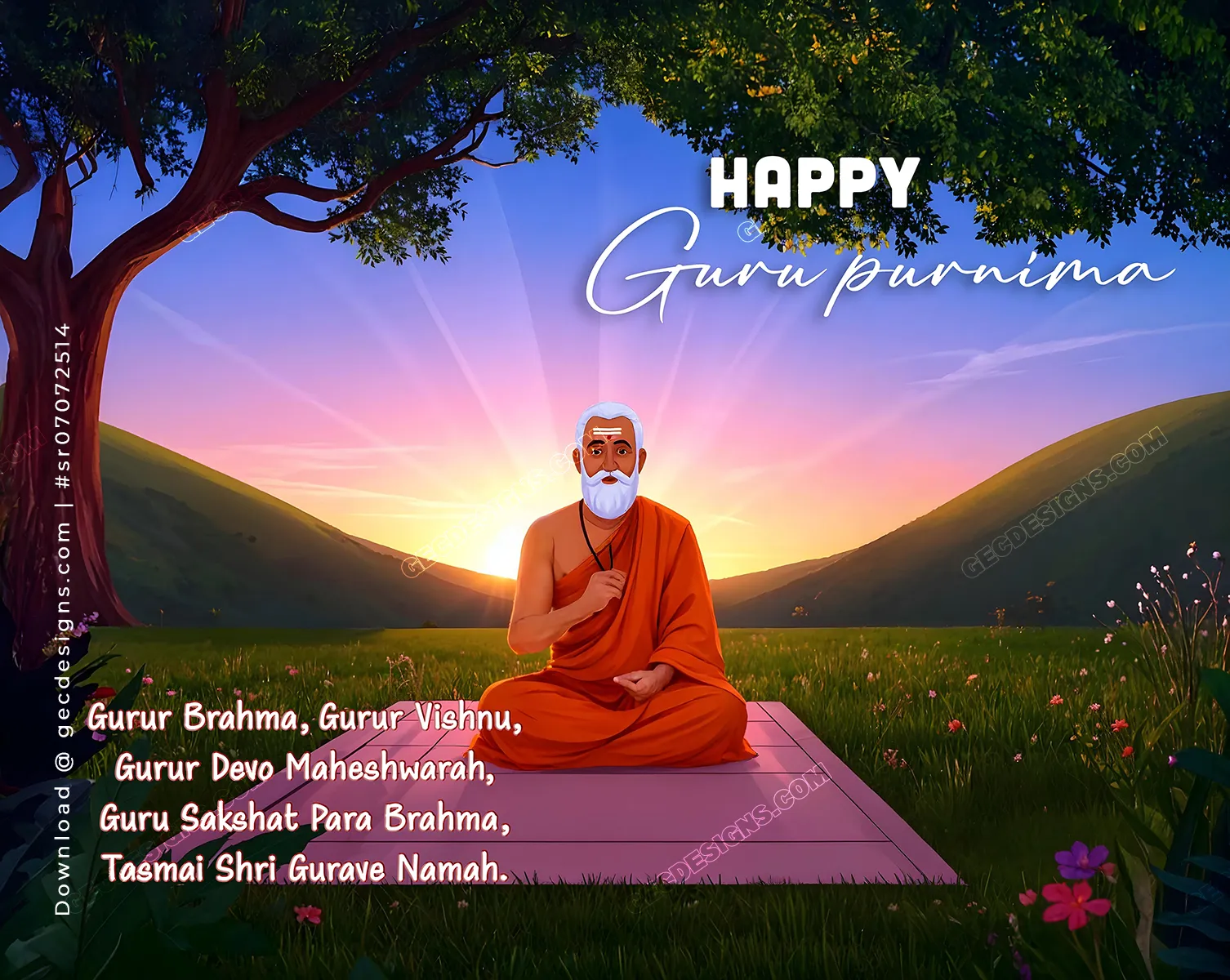 Guru Purnima Image with Sitting Sage at Sunrise and Guru Mantra in ...