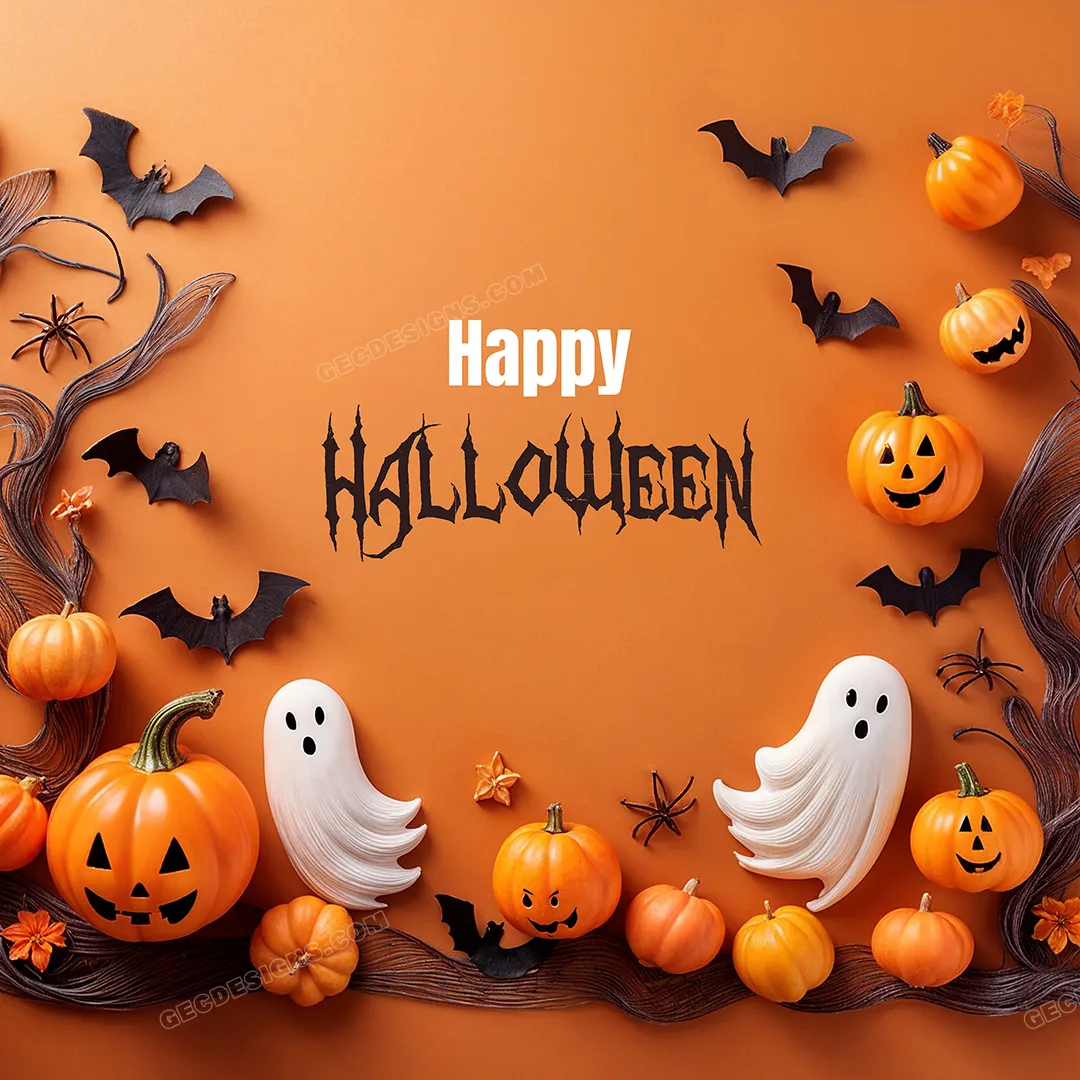 Halloween 3D vector Illustration, fluttering ghost with evil pumpkins ...