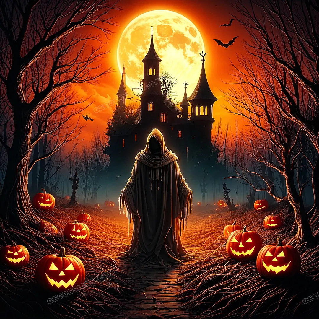 Halloween wallpaper, ghost stands in front of a haunted castle with ...