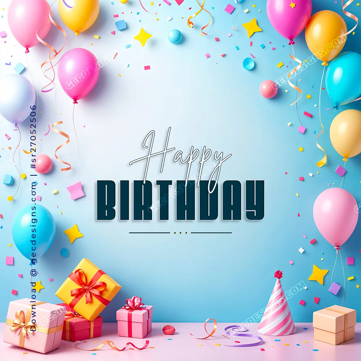 Happy Birthday Background with Colorful Balloons and Confetti - GEC Designs