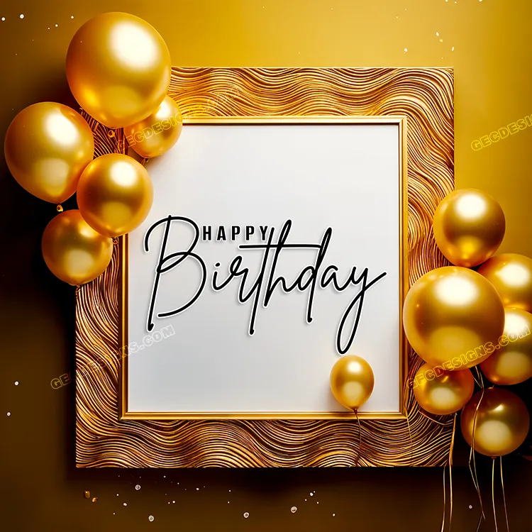 Happy Birthday Greetings in Golden frame with Balloons - GEC Designs