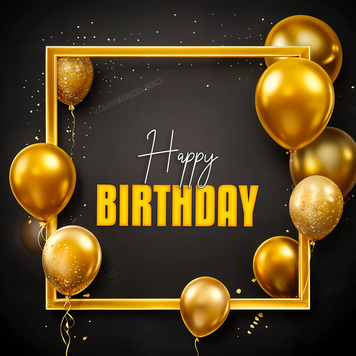 Happy Birthday Greetings in Golden frame with Golden balloons - GEC Designs