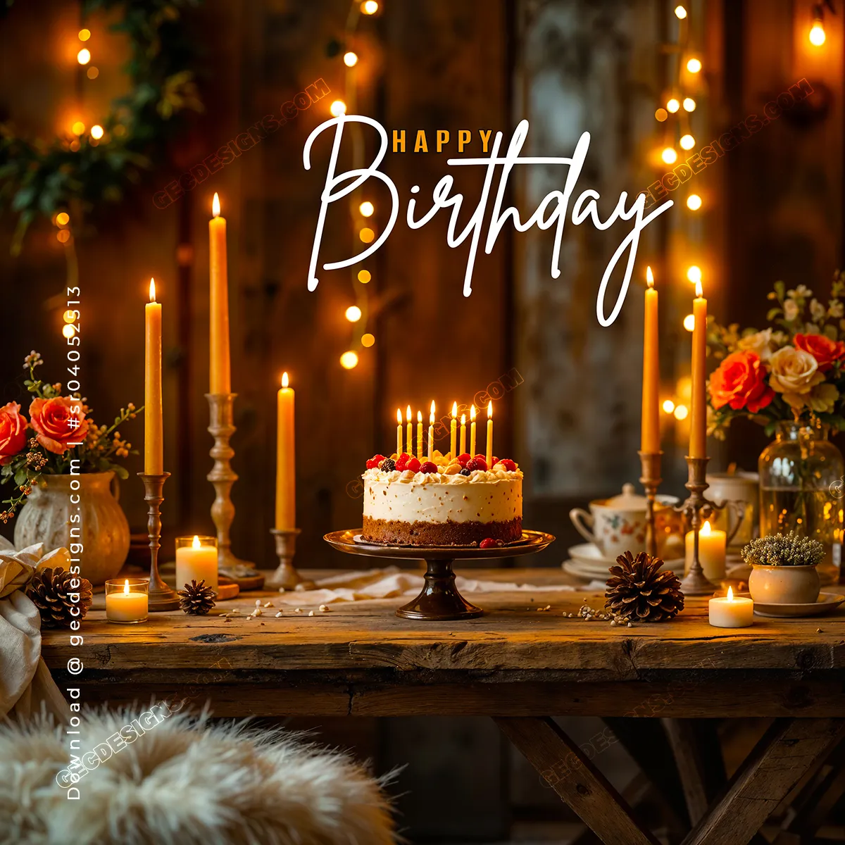 Happy Birthday image with Delicious cake and Lit candles - GEC Designs