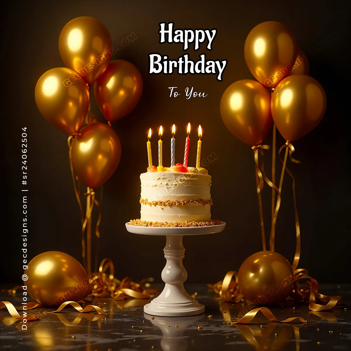 Happy Birthday Wishes Image with Cake and Golden Balloons - GEC Designs