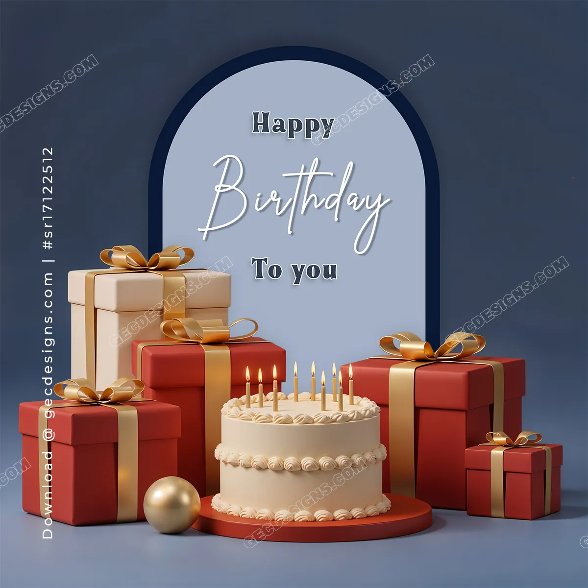 Happy Birthday wishes image with cake candles and gift boxes in an elegant celebration setup ...
