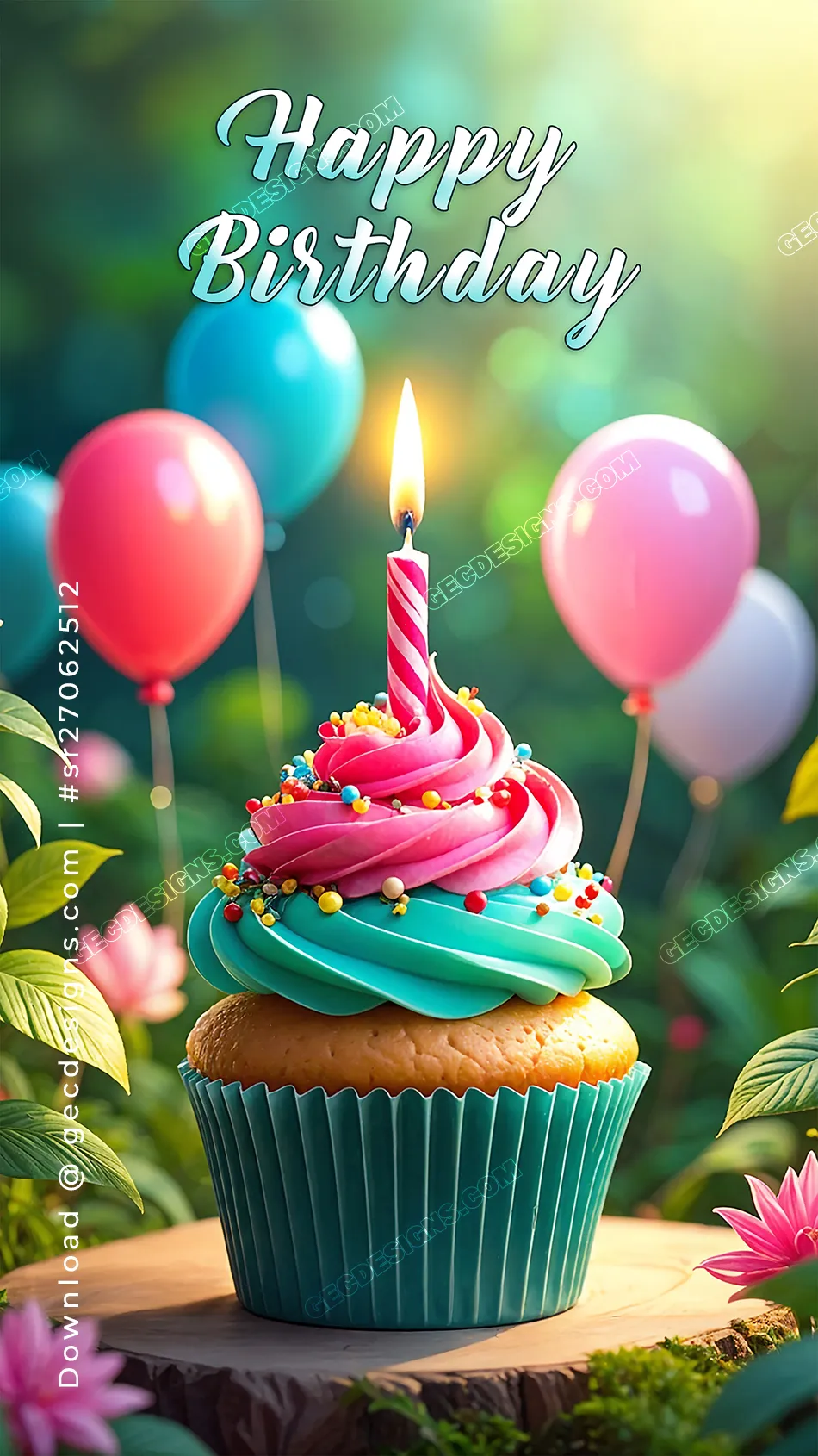 Happy Birthday Wishes Image With Colorful Cupcake Candle And Balloons