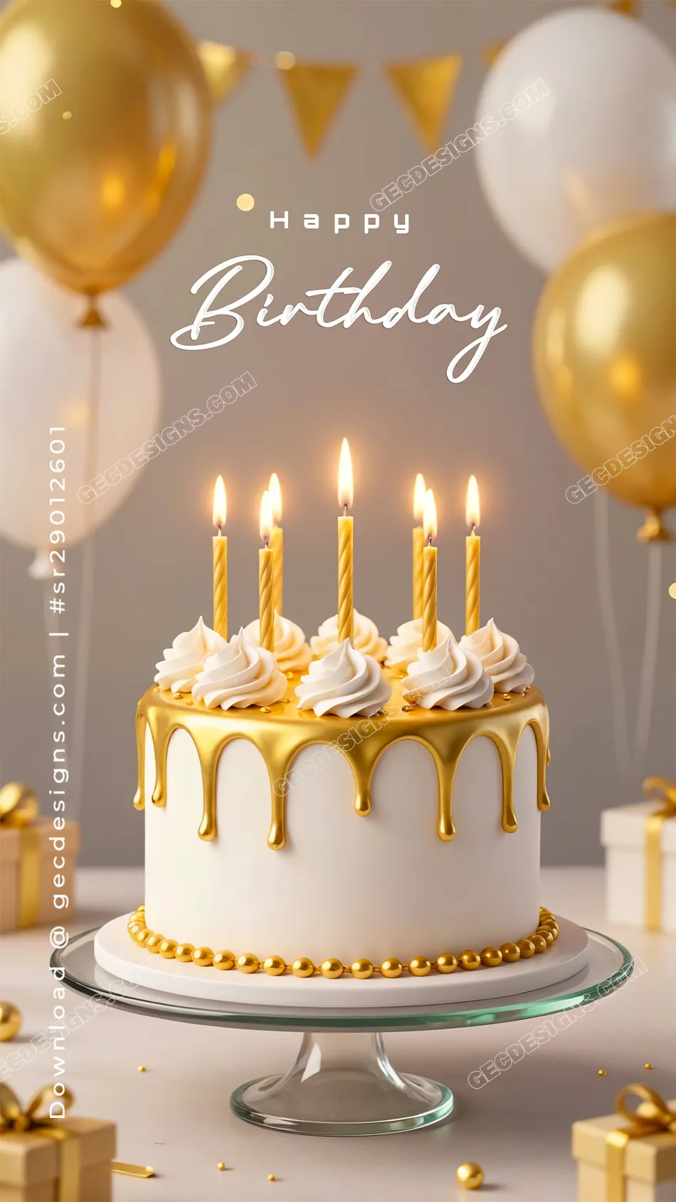 Happy Birthday Wishes Image with Elegant White and Gold Cake, Candles ...