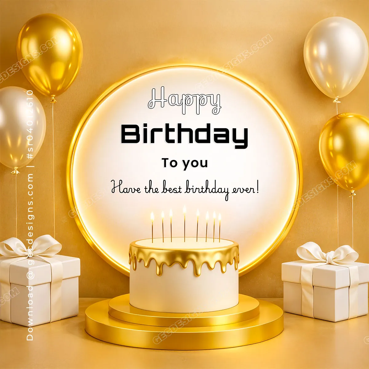 Happy Birthday Wishes Image with Golden Cake, Balloons, and Bright ...