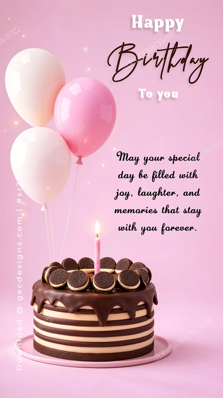 Happy birthday wishes image with pink balloons, chocolate cake, and a ...