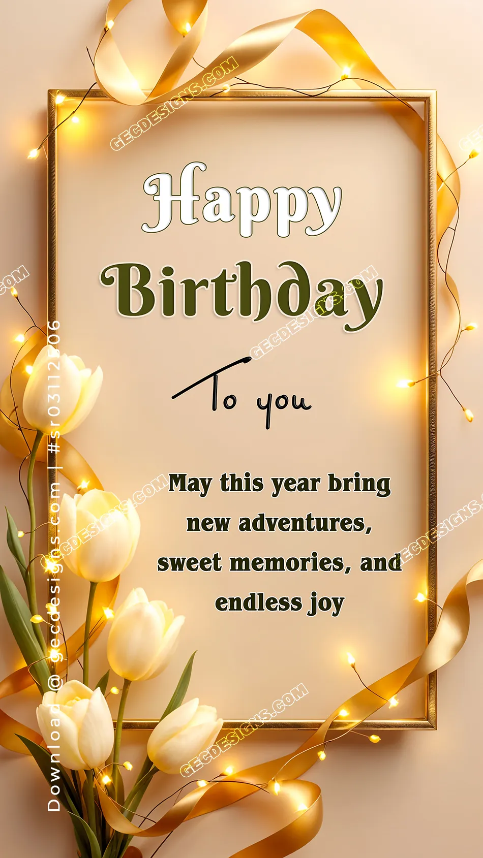 Happy Birthday Wishes Image with White Tulips, Golden Ribbon, and Warm ...