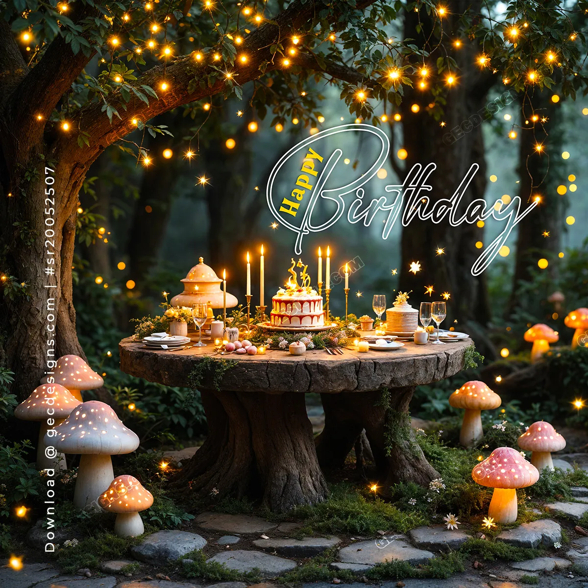 Happy Birthday wishes, Magical forest with glowing mushrooms and a ...