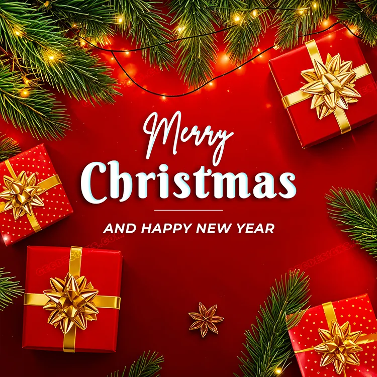 Happy Christmas wishes, Decorative Christmas tree branches with Gifts ...