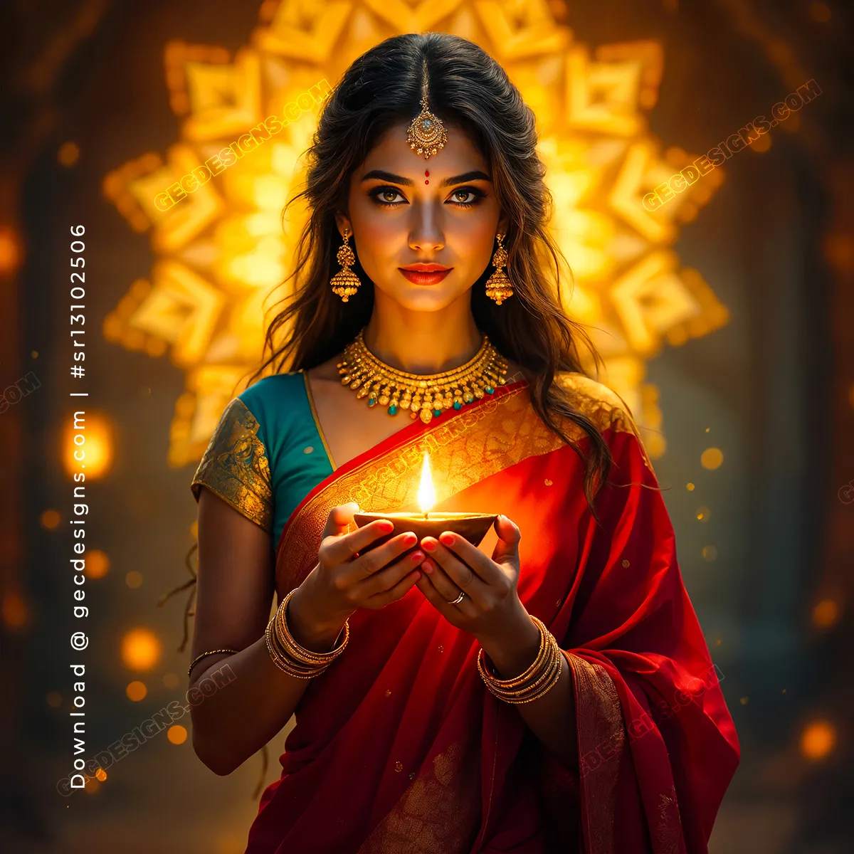 Happy Diwali Image Featuring Woman in Traditional Saree Holding a Diya ...