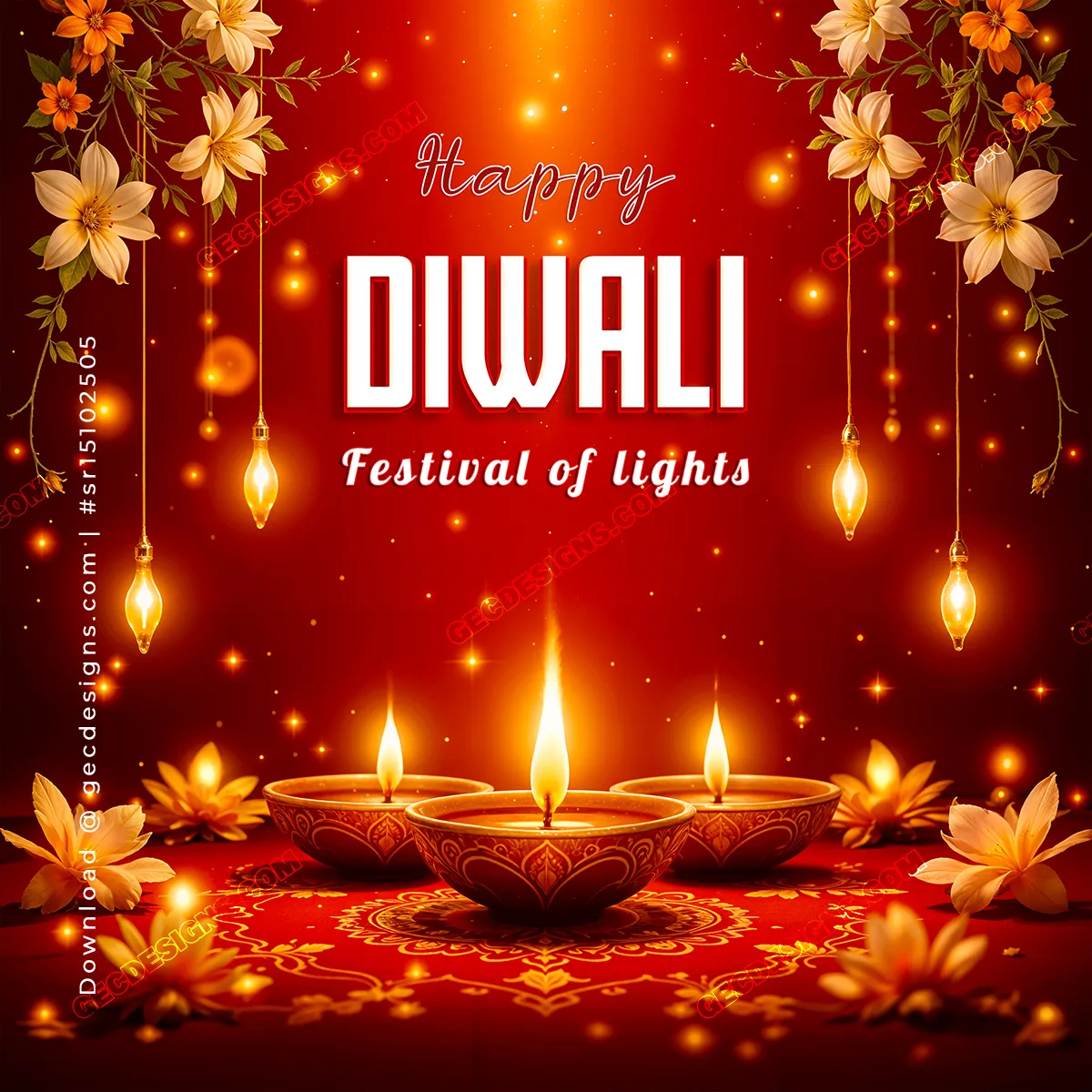 Happy Diwali wishes with diya, flowers, and bokeh light background ...