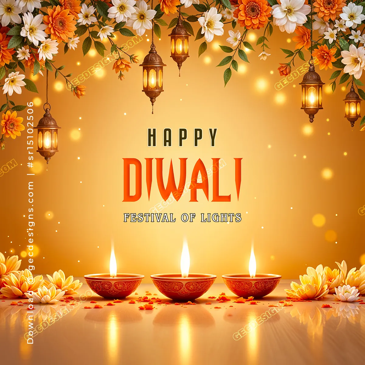 Happy Diwali wishes with diya, flowers, and bokeh light background ...