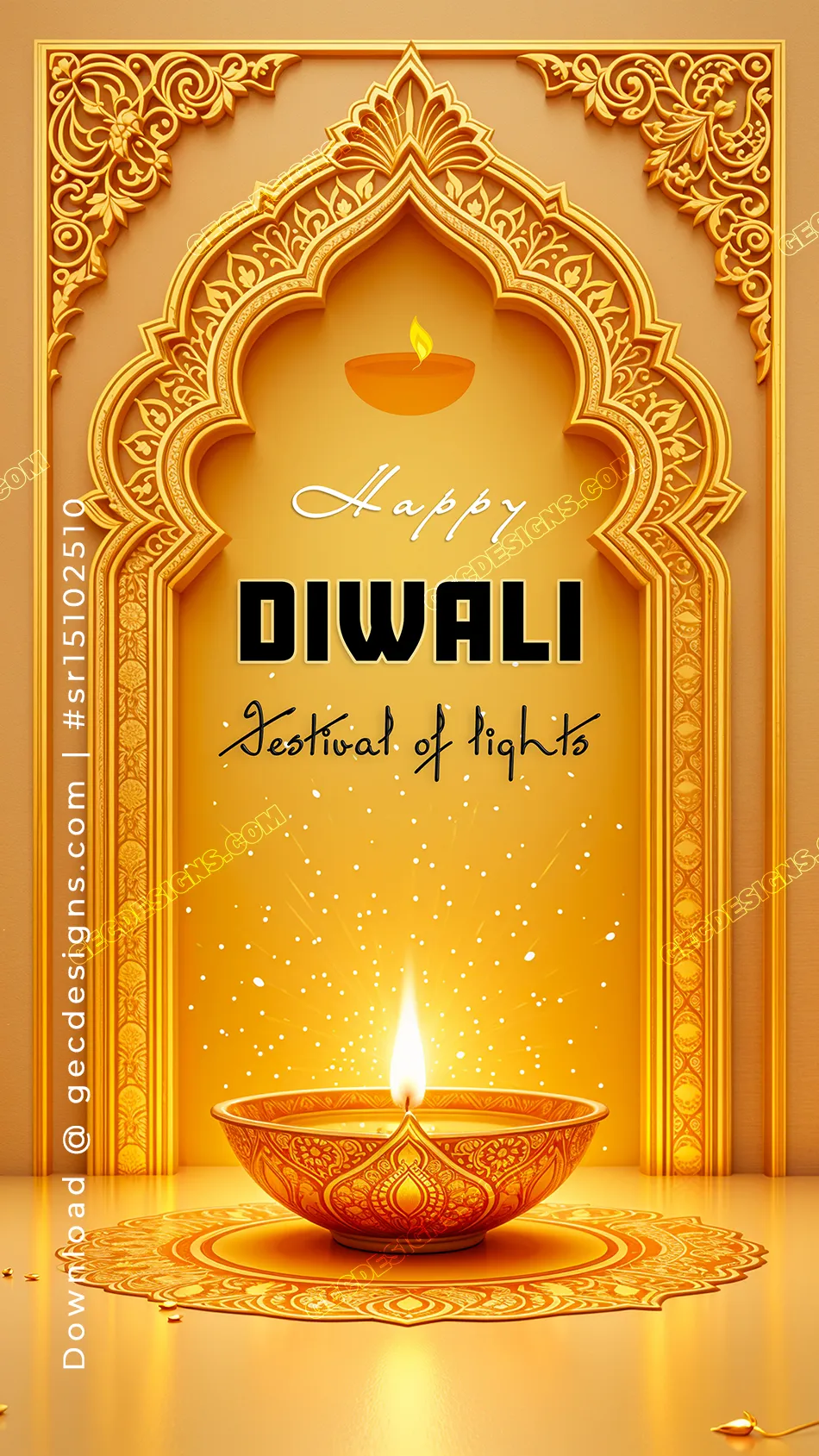 Happy Diwali wishes image with a glowing diya and an ornate golden arch ...