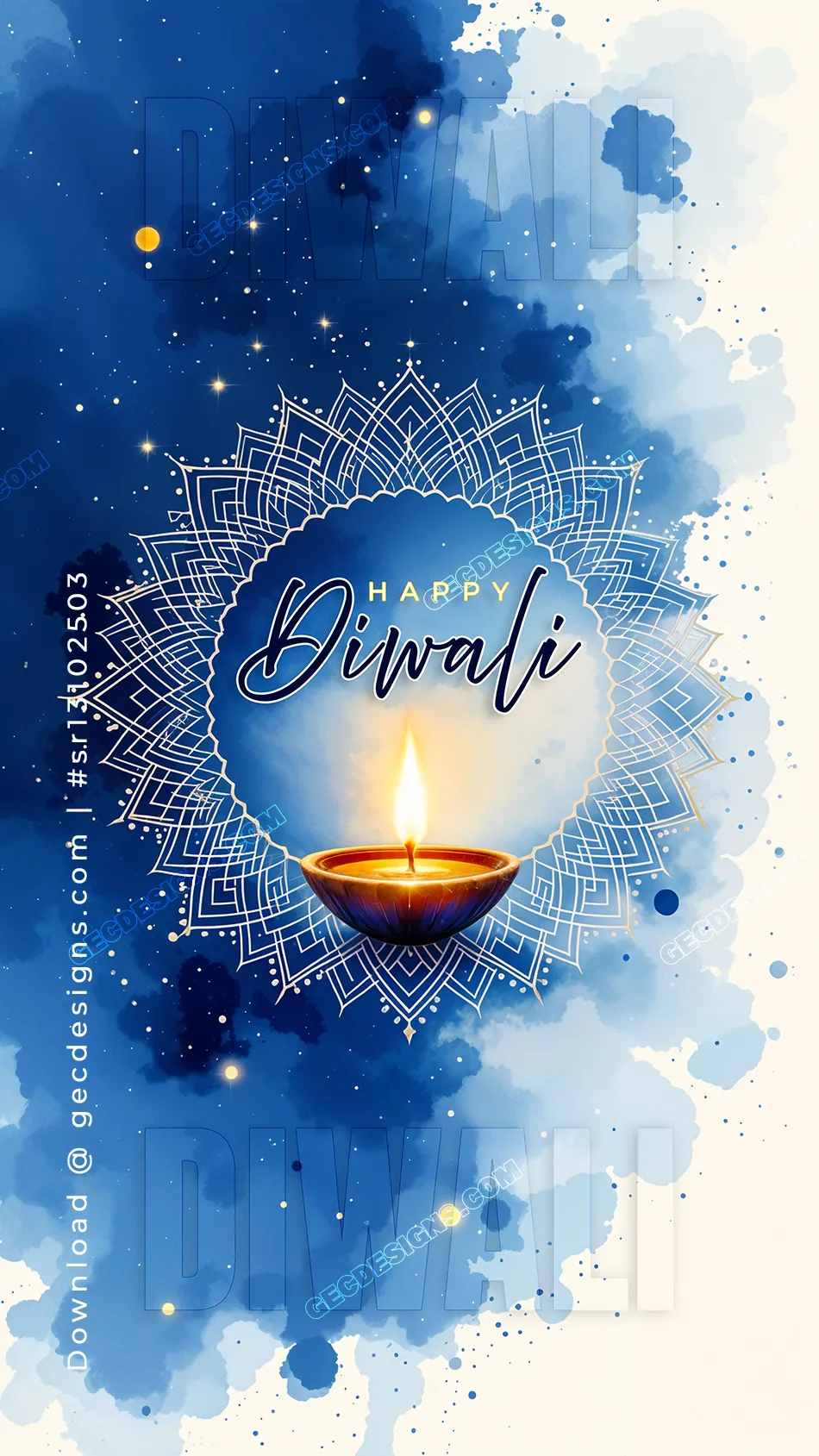 Happy Diwali Wishes Image with Blue Mandala, Glowing Diya, and Artistic ...