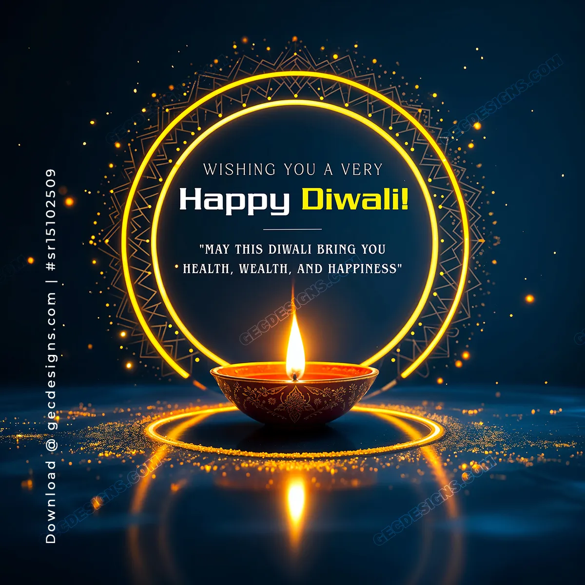Happy Diwali wishes image with glowing diya and circular golden mandala on dark blue background ...