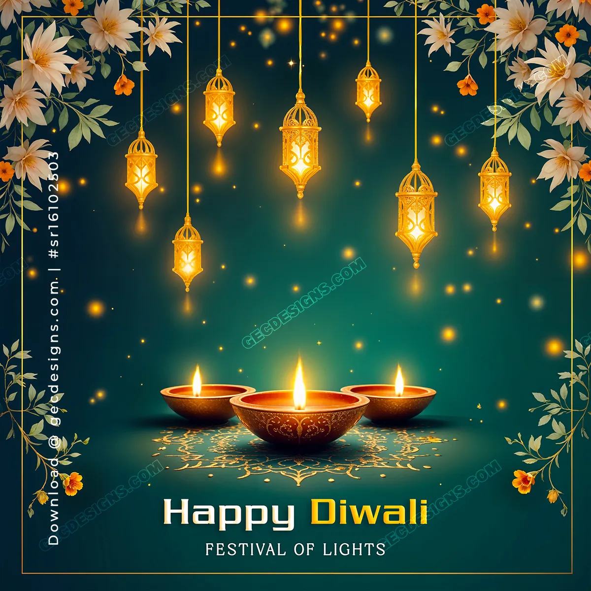 Happy Diwali wishes with diya, flowers, and bokeh light background ...