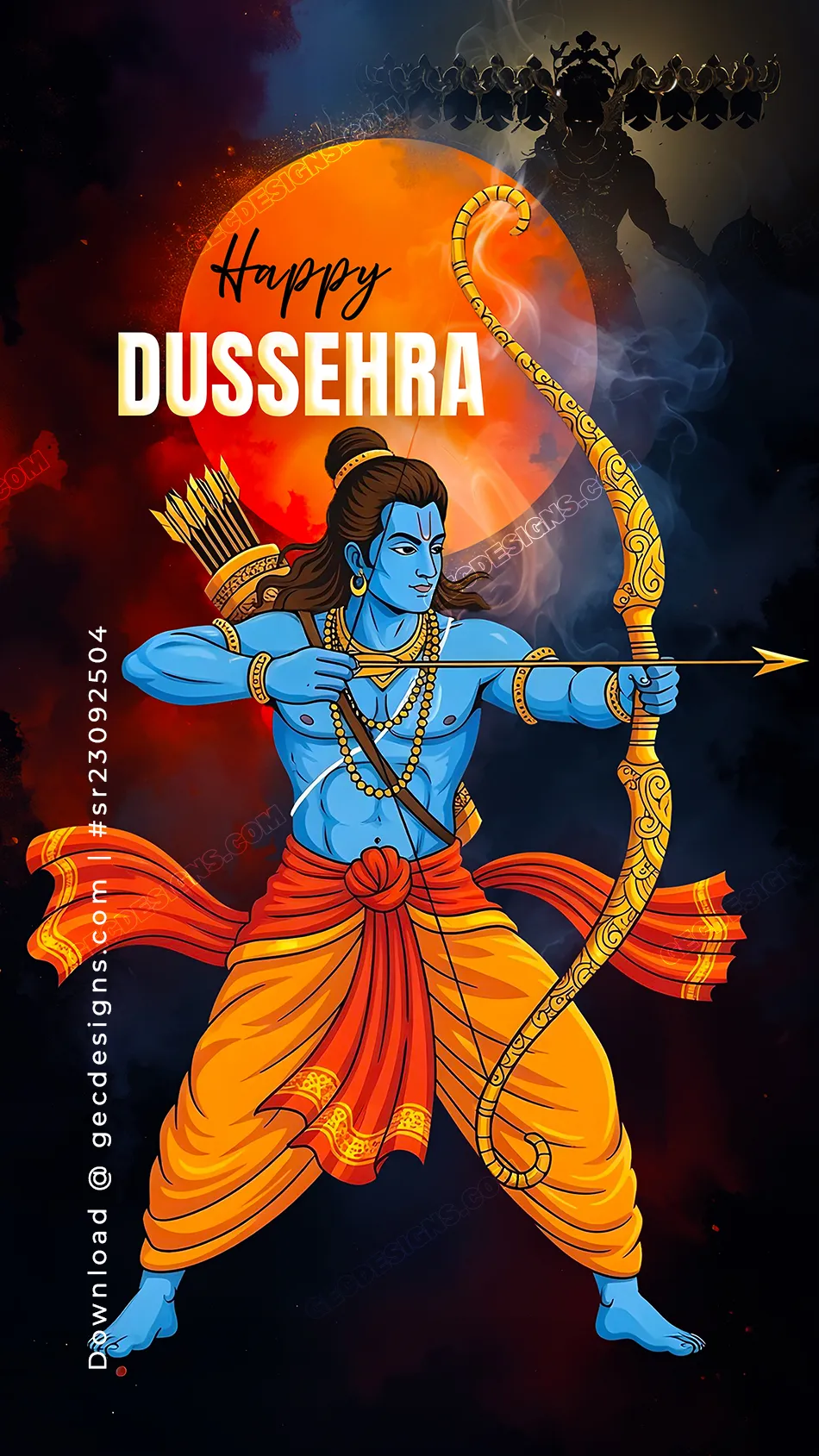 Happy Dussehra wishes featuring Lord Rama with bow and arrow, Ravana silhouette, and a glowing ...
