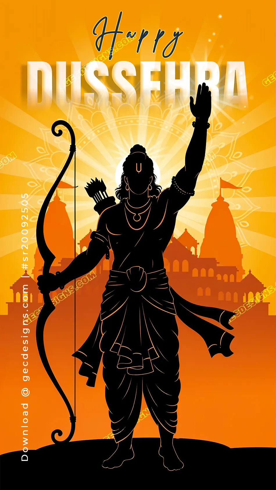 Happy Dussehra Wishes Image with Lord Ram Silhouette and Glowing Temple ...