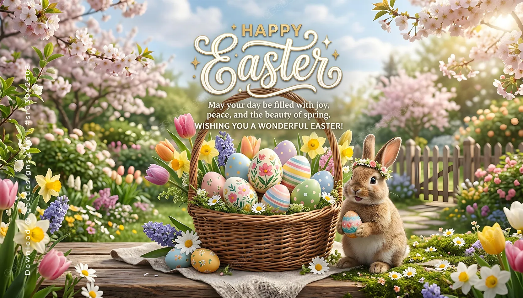 Happy Easter Wishes card with pastel eggs and spring flowers in a soft ...