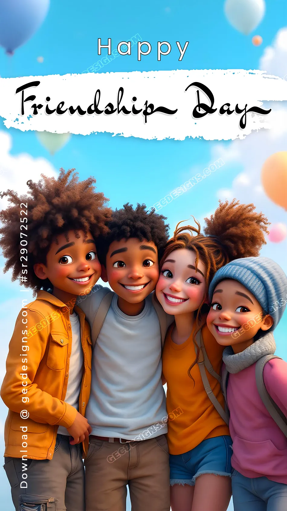 Happy Friendship Day Image of Four Smiling Friends Hugging Under a Blue Sky with Balloons - GEC ...