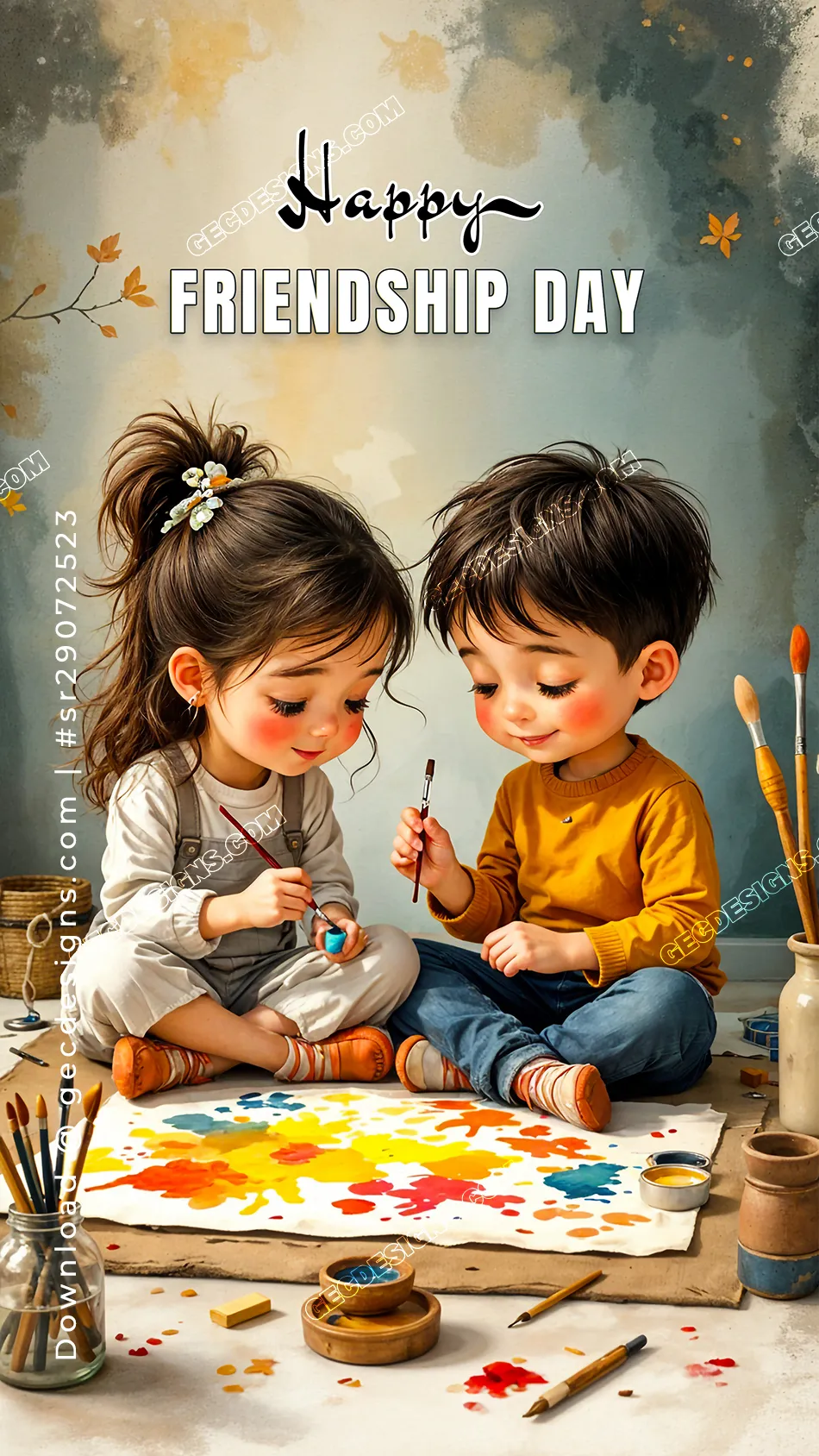 Happy Friendship Day Image of Two Kids Painting Together with Bright ...