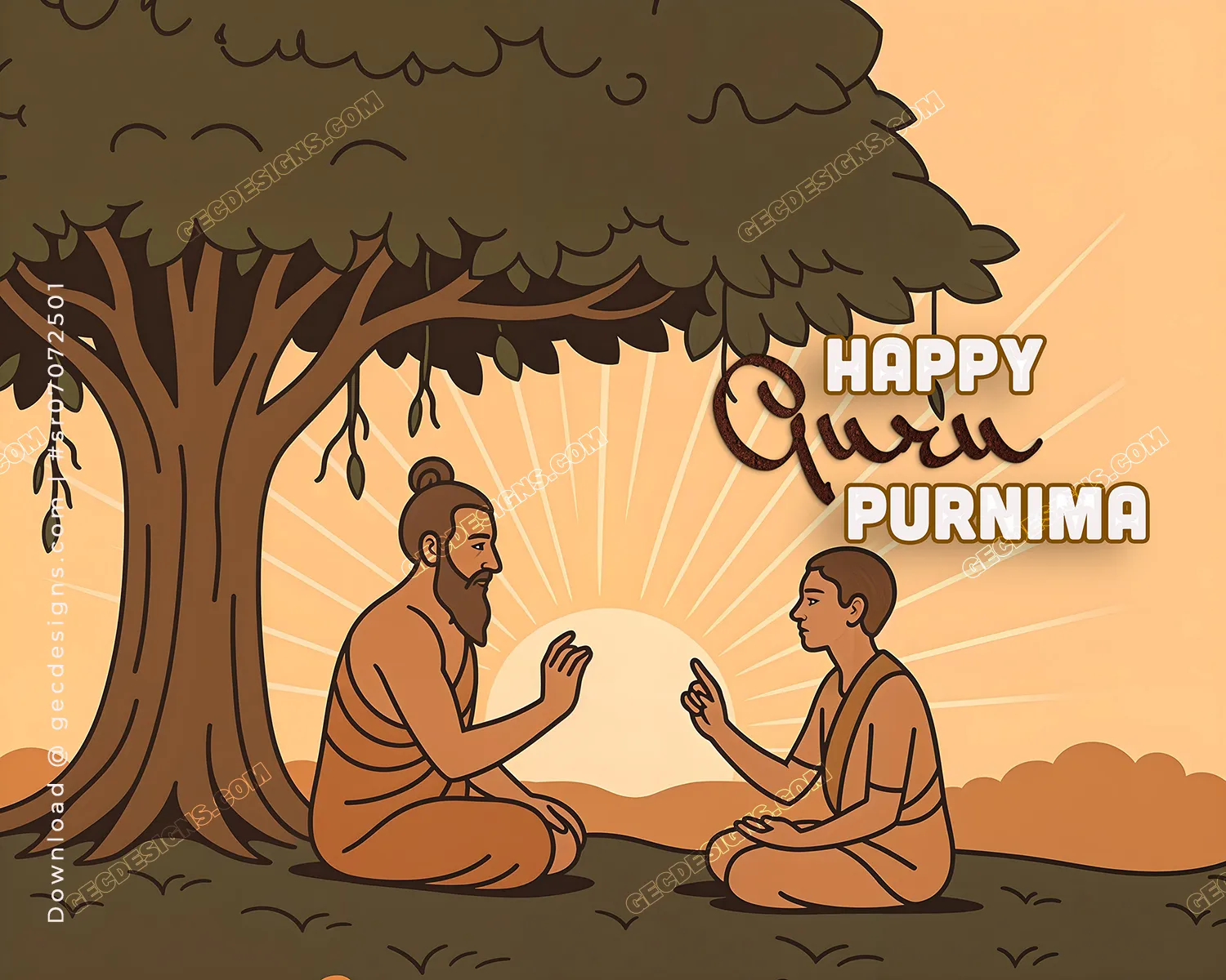 Happy Guru Purnima Wishes Image with Ancient Indian Guru and Disciple Under Tree Illustration ...