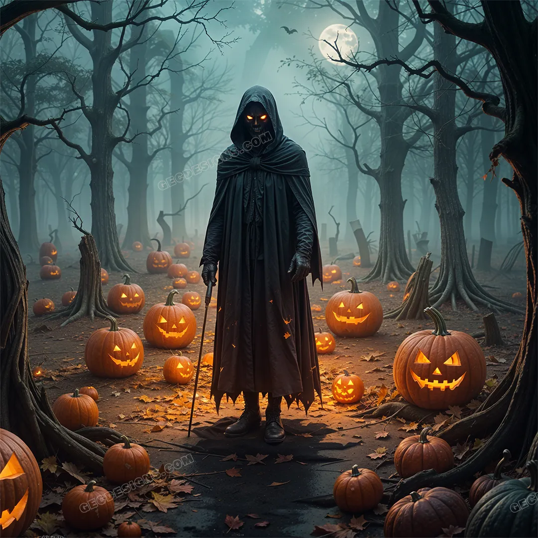 Happy Halloween 2024, Scary Ghost surrounded by evil pumpkins in a ...