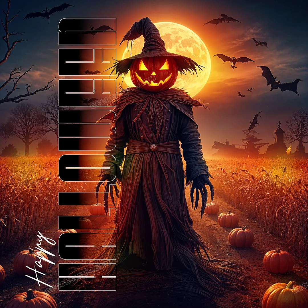 Happy Halloween, Scarecrow in a Cornfield with a Red Moon background ...