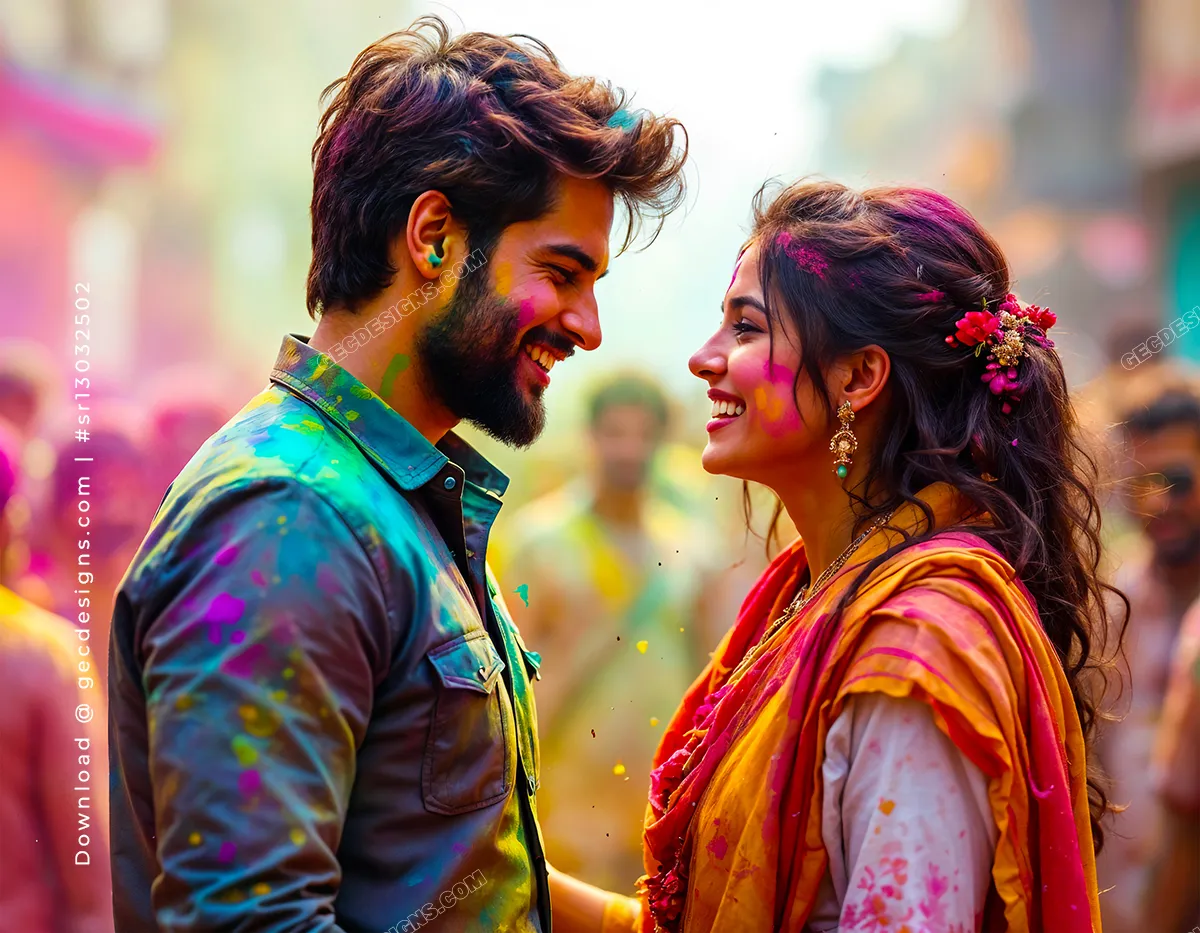 Happy Holi Indian couple celebrating Holi AI Generated - GEC Designs
