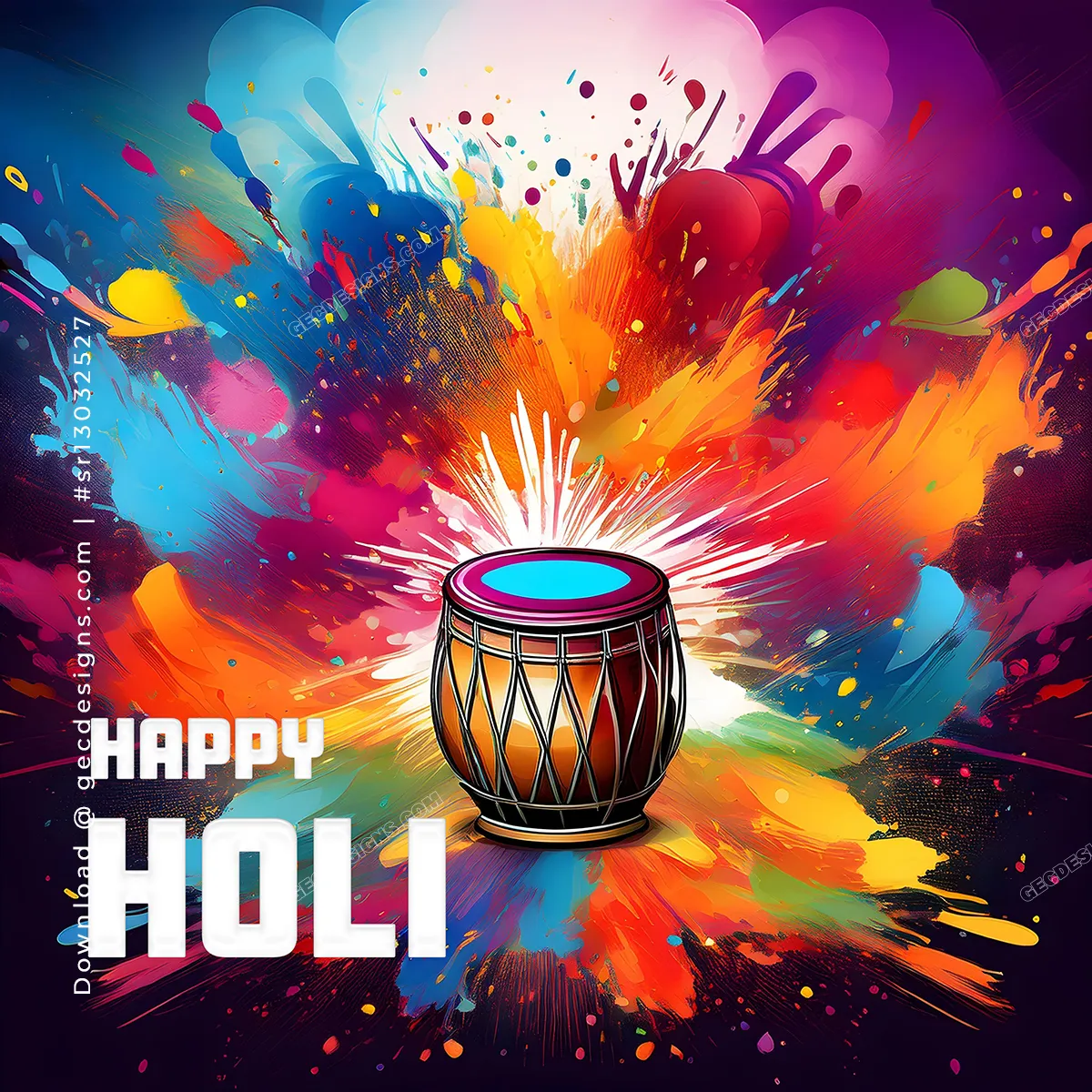 Happy Holi wishes with Holi color splash and festival drums background ...