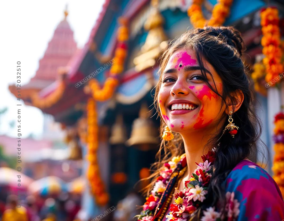 Happy Indian girl with Holi color face image - GEC Designs