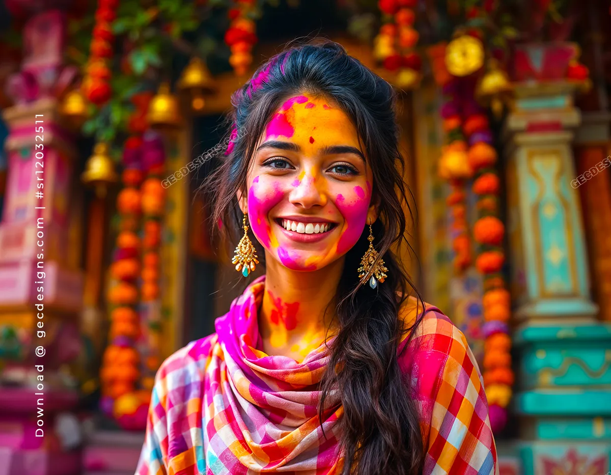 Happy Indian young girl celebrates, Holi festival with Holi colors on ...