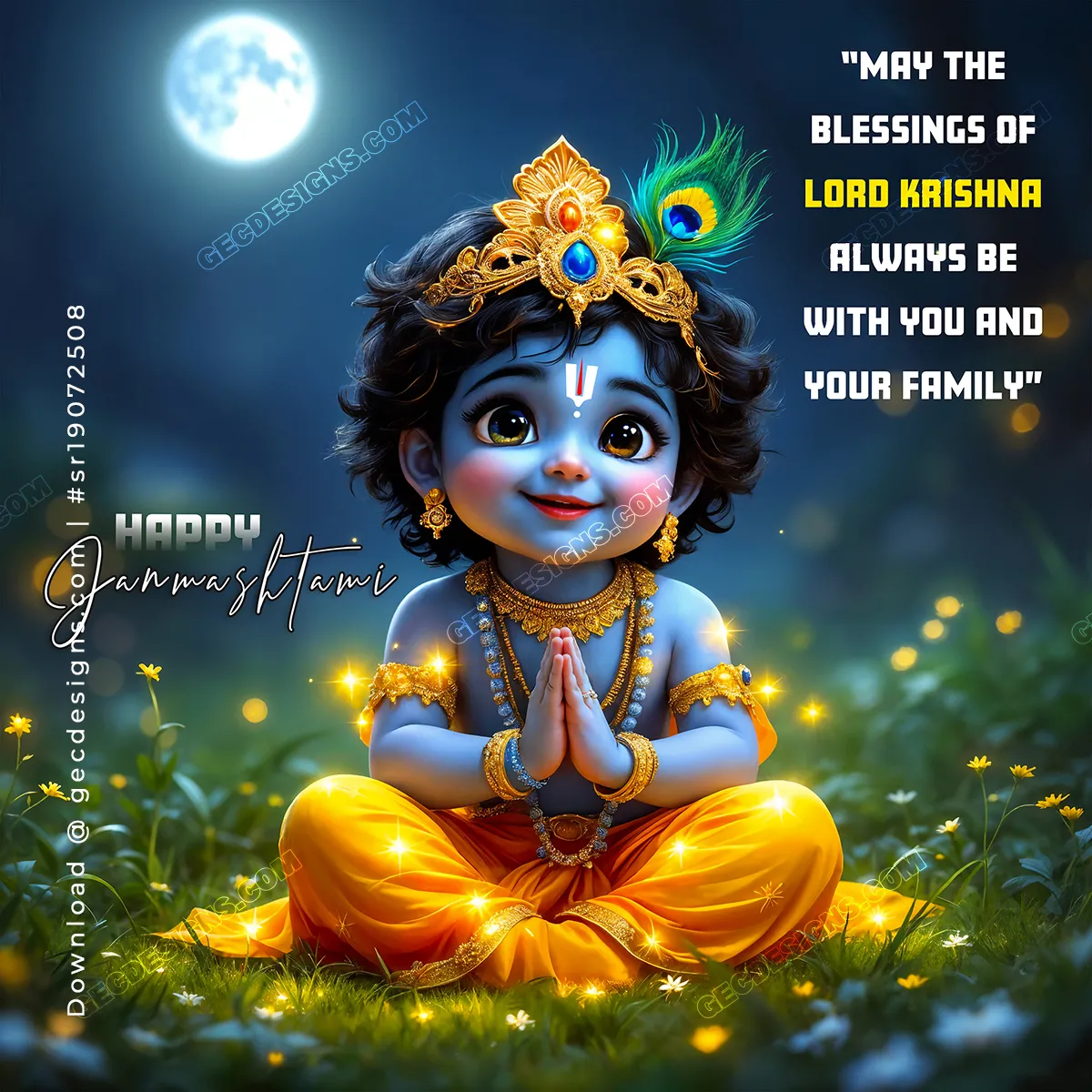 Happy Janmashtami Wishes, Cute Lord Krishna Sitting under the Full Moon ...