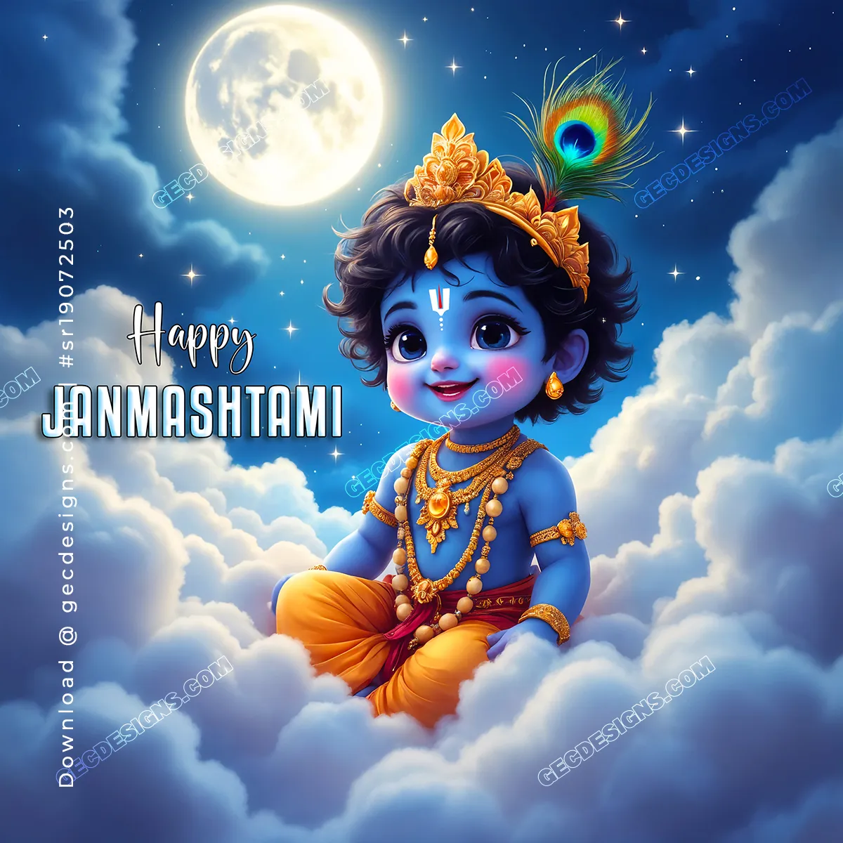 Happy Krishna Janmashtami, Baby Krishna Sitting on Clouds with Full ...