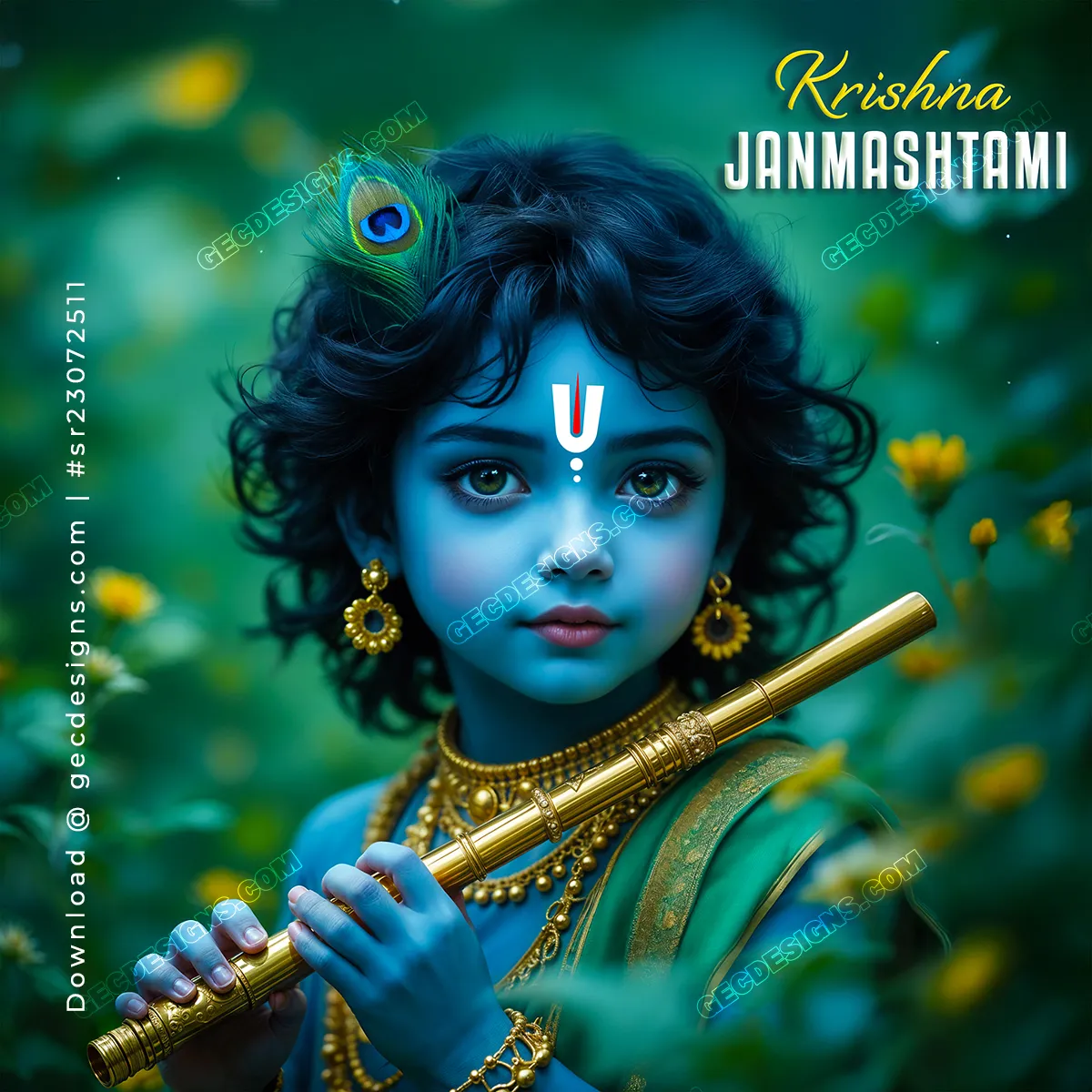 Happy Krishna Janmashtami Wishes Image of Divine Lord Krishna with Flute and Peacock Feather ...