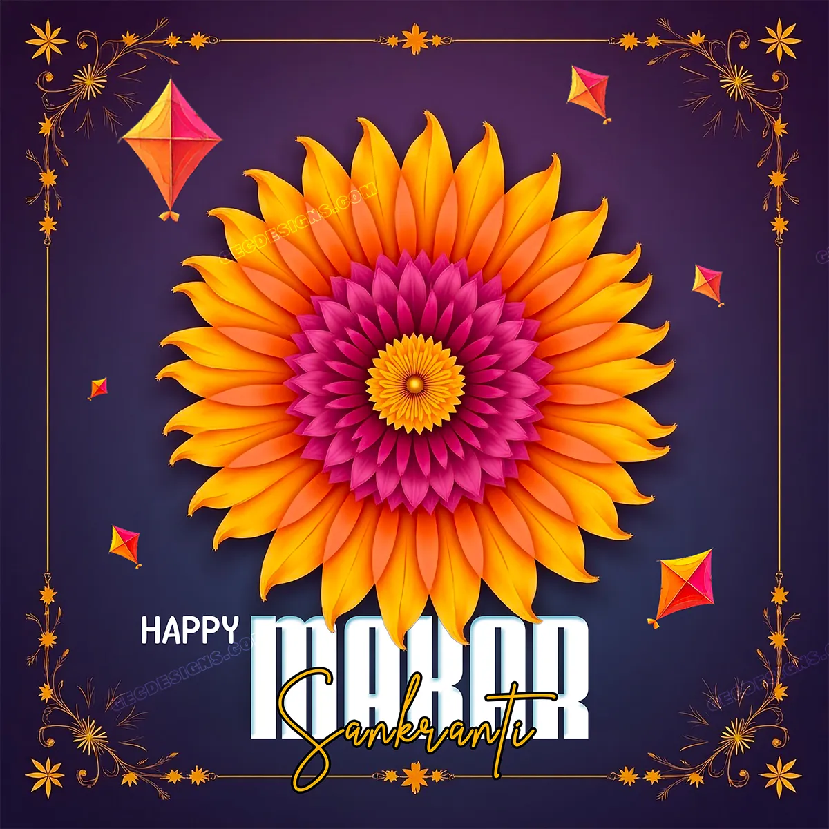 Happy Makar Sankranti 2025 wishes with flower Rangoli on a black ...