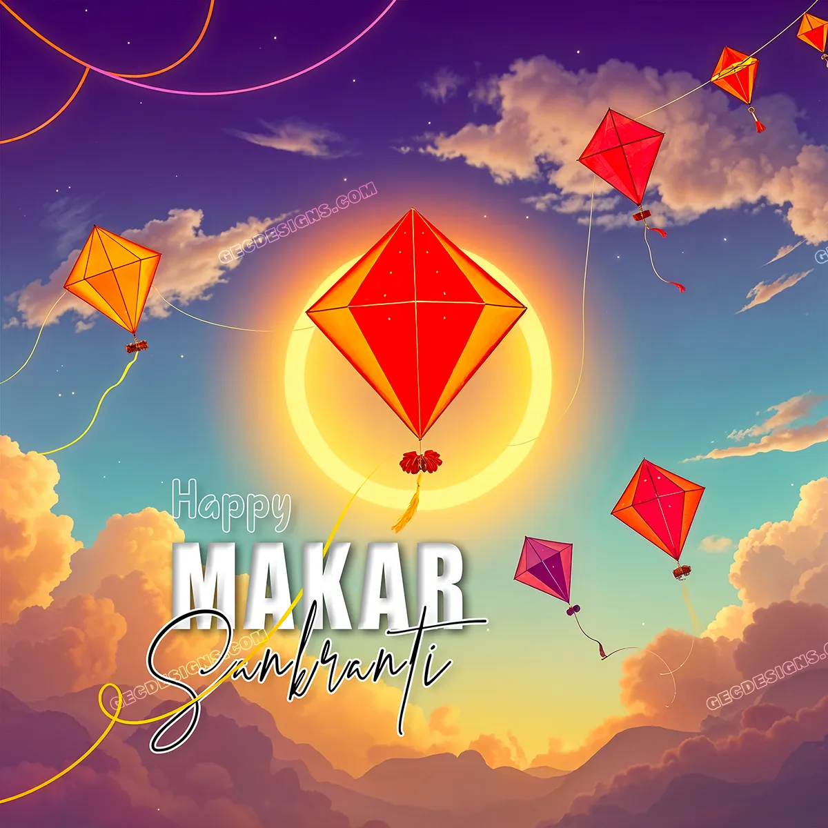 Happy Makar Sankranti 2025 wishes with Sun and Kites in the cloud ...
