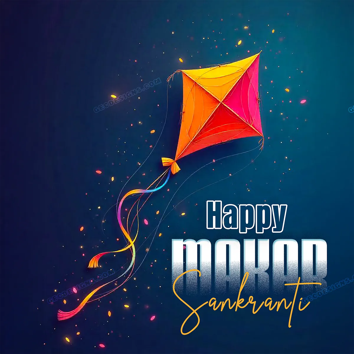 Happy Makar Sankranti wishes with a colorful kite on a black background ...