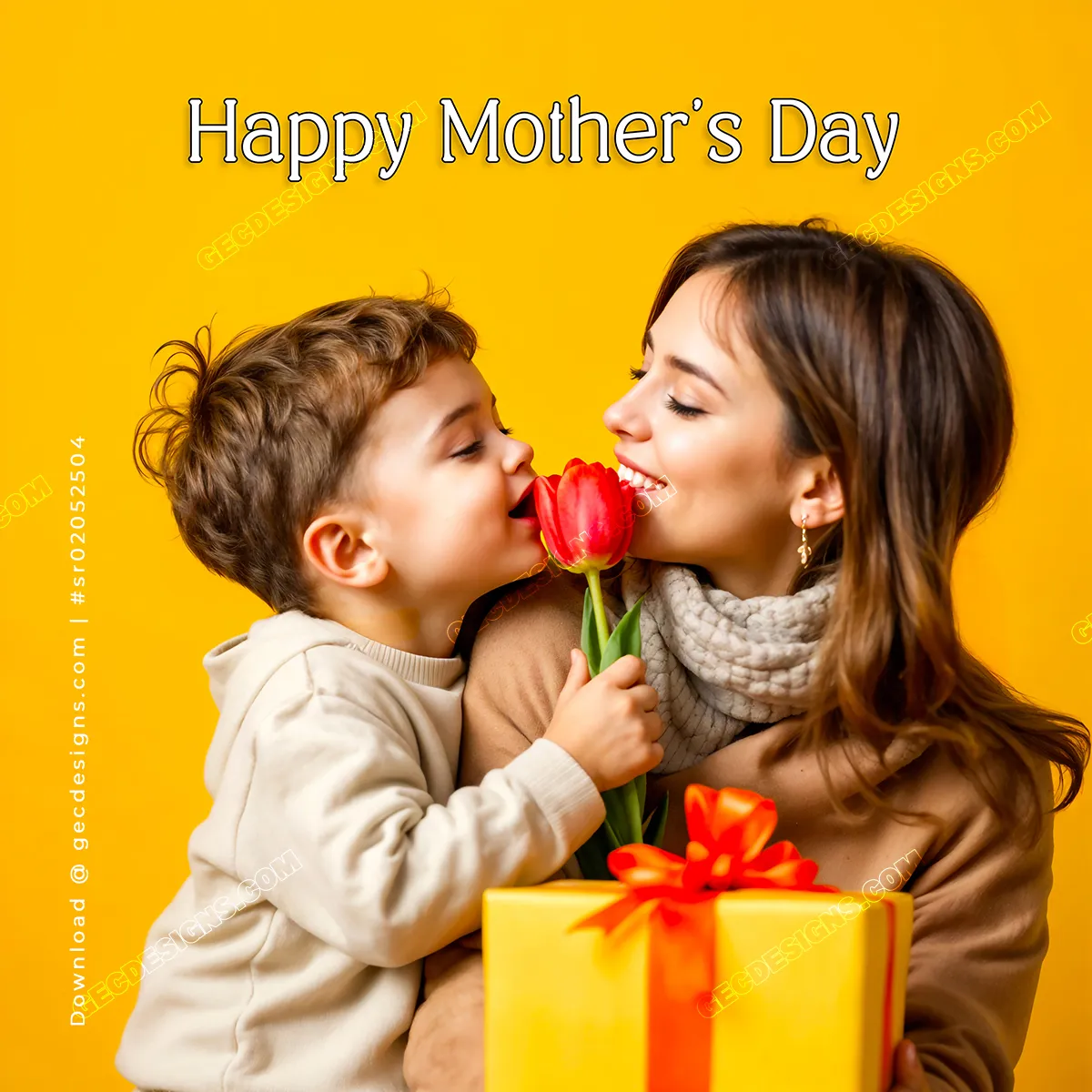 Happy Mother's Day child congratulating mom with flowers and a gift ...