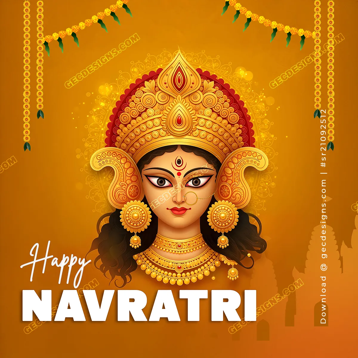 Happy Navratri 2025 image with goddess Durga, a Floral garland, and a temple background - GEC ...