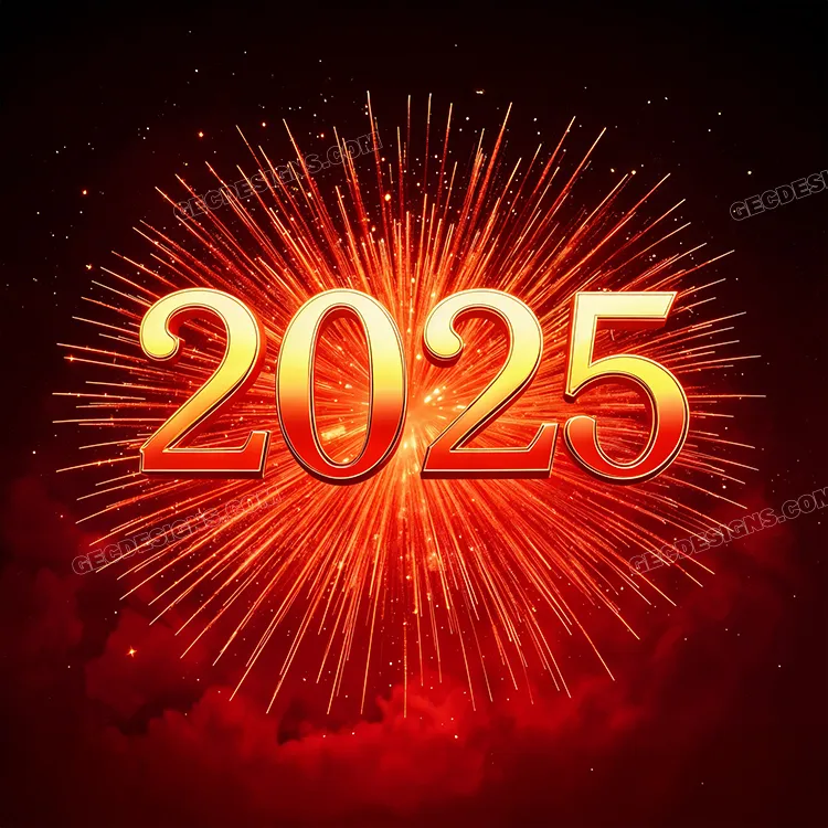 Happy New Year 2025, Firecrackers Red background - GEC Designs
