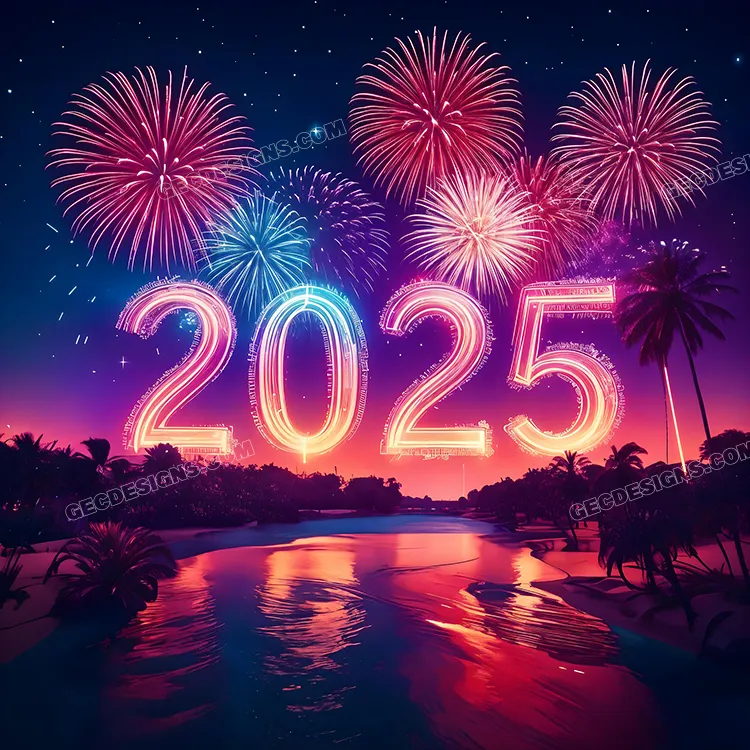 Happy New Year 2025, fireworks night sky background - GEC Designs